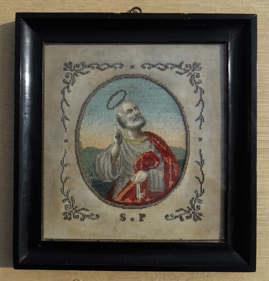 St Peter Holding the Keys of Heaven Religious Needlepoint Antique Picture